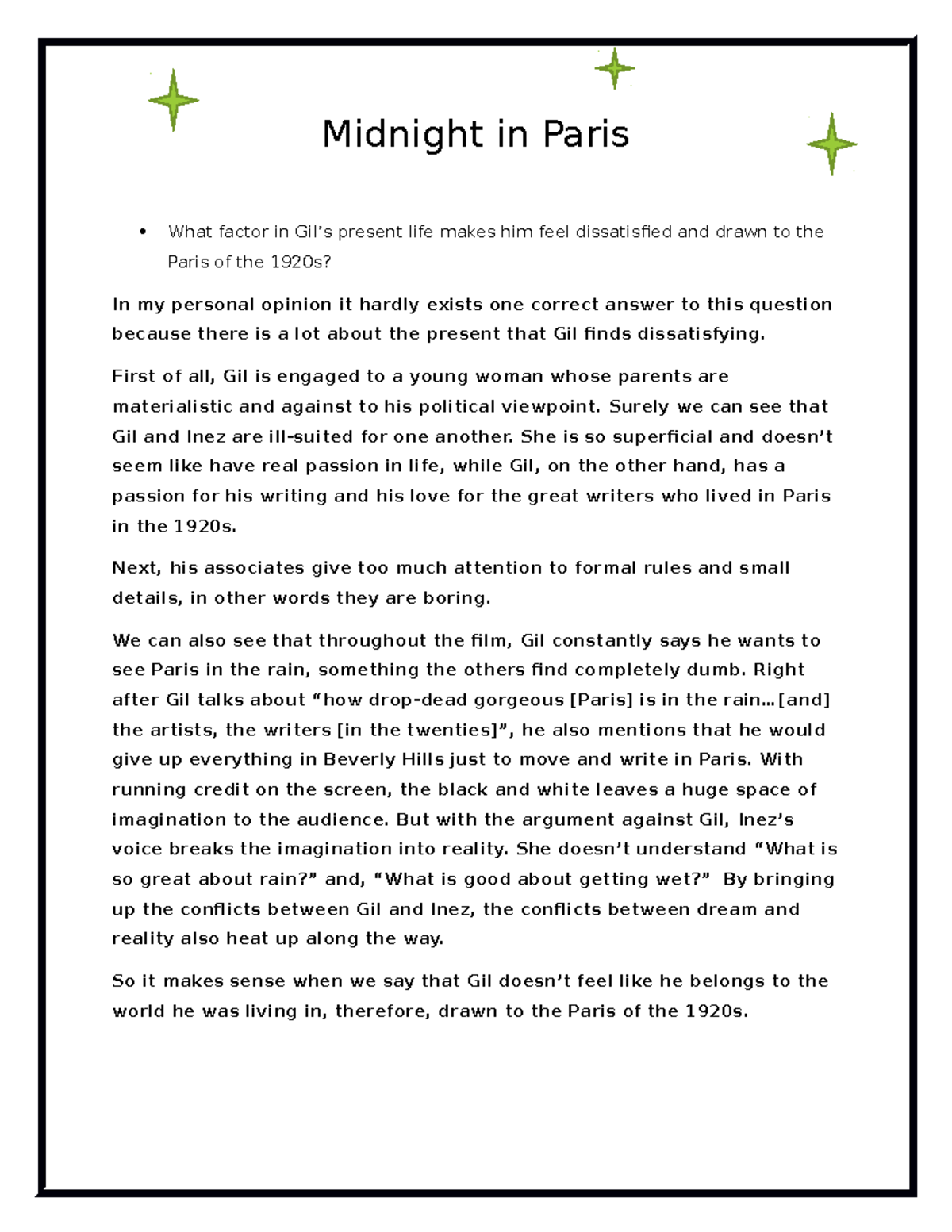 Midnight in Paris short essays - Midnight in Paris What factor in Gil’s ...