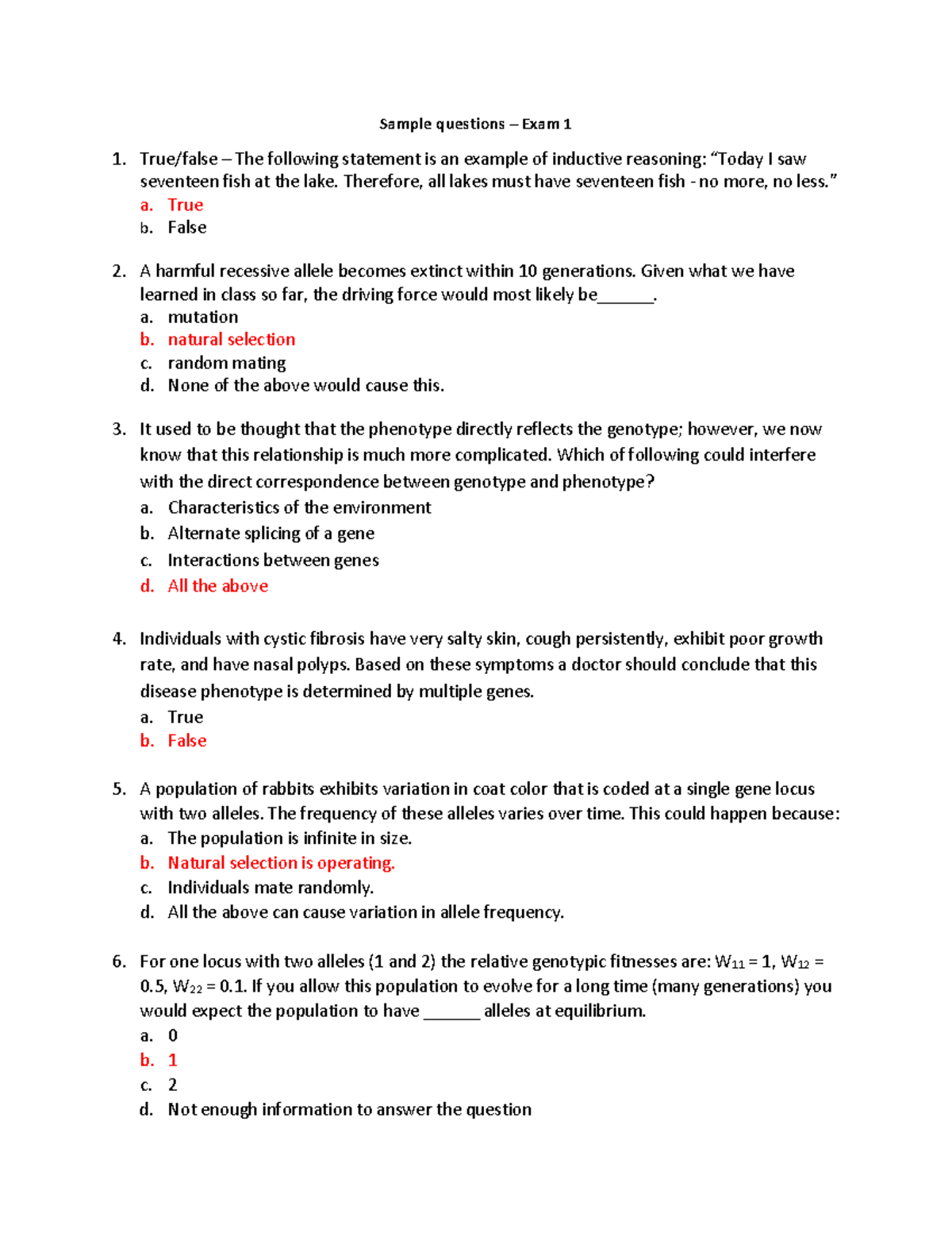 W24 Sample questions - Exam 1 answers - Sample questions – Exam 1 1 ...