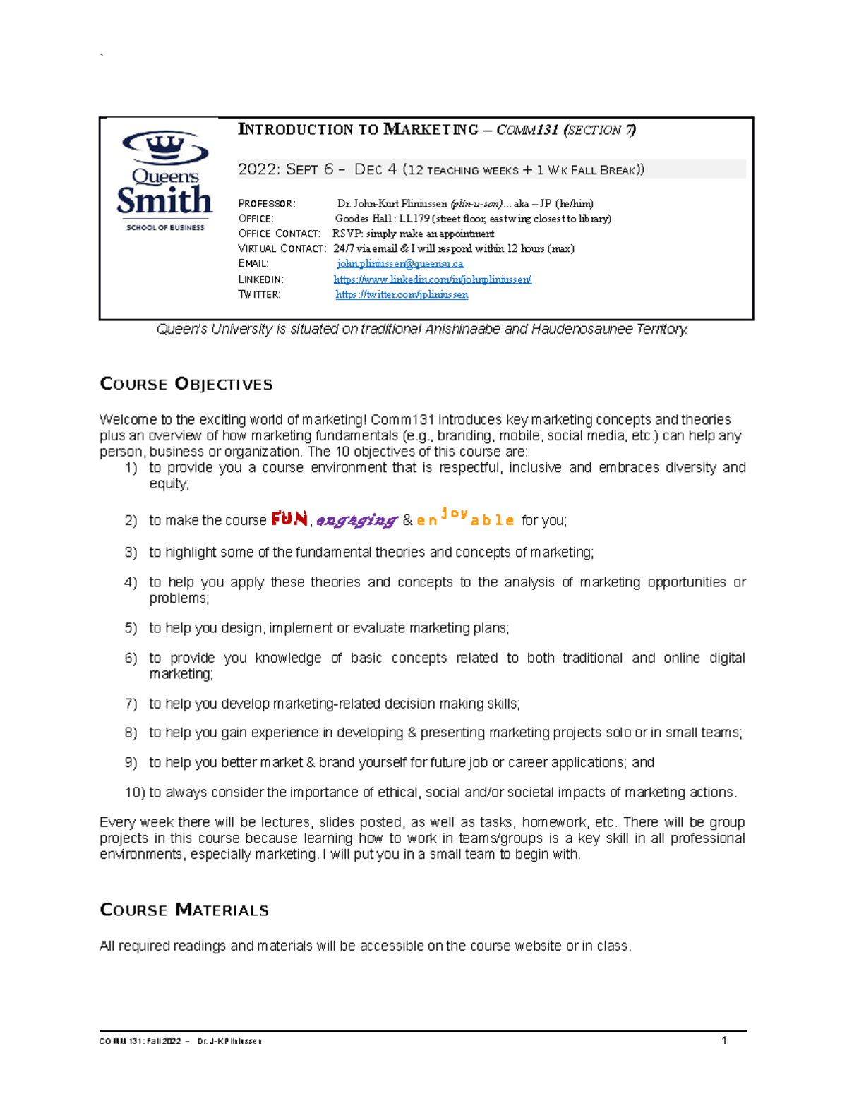 Comm131 - Fall 2022 Syllabus - JP - final final - COMM 131 - queensu ...