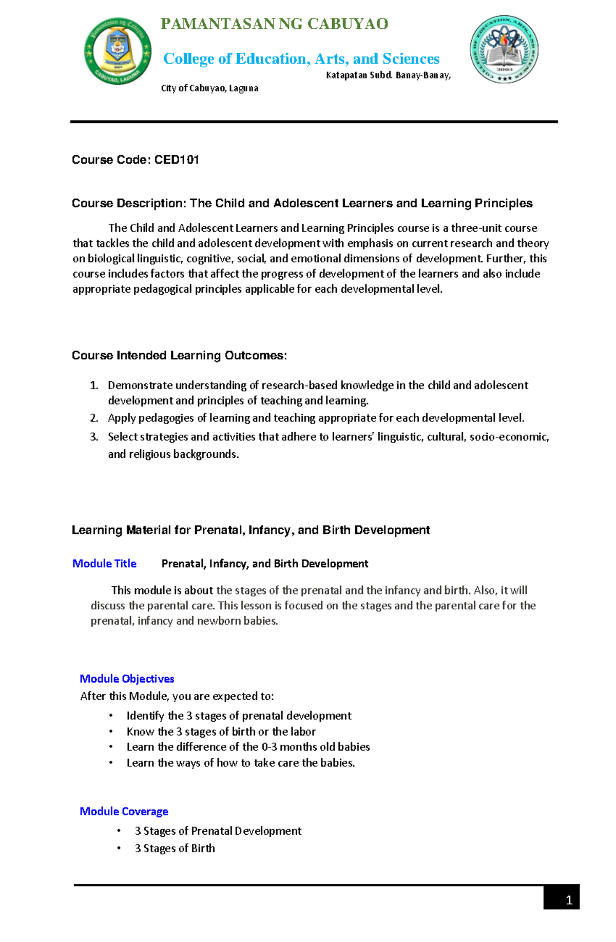 1 1EED-A Prenatal, Infancy AND Birth Development - College of Education ...