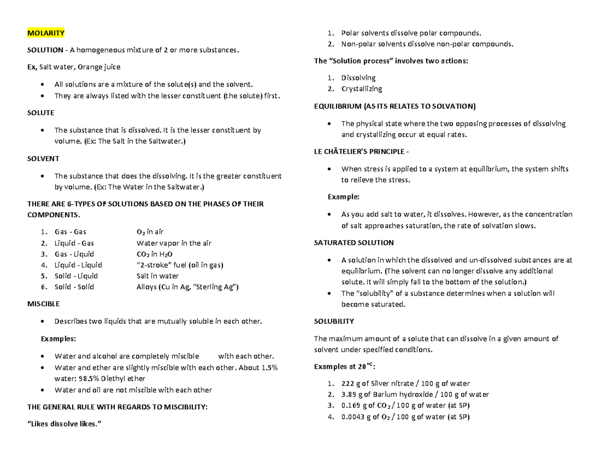 Chemistry Molarity Colligative Properties - Notes - MOLARITY SOLUTION ...