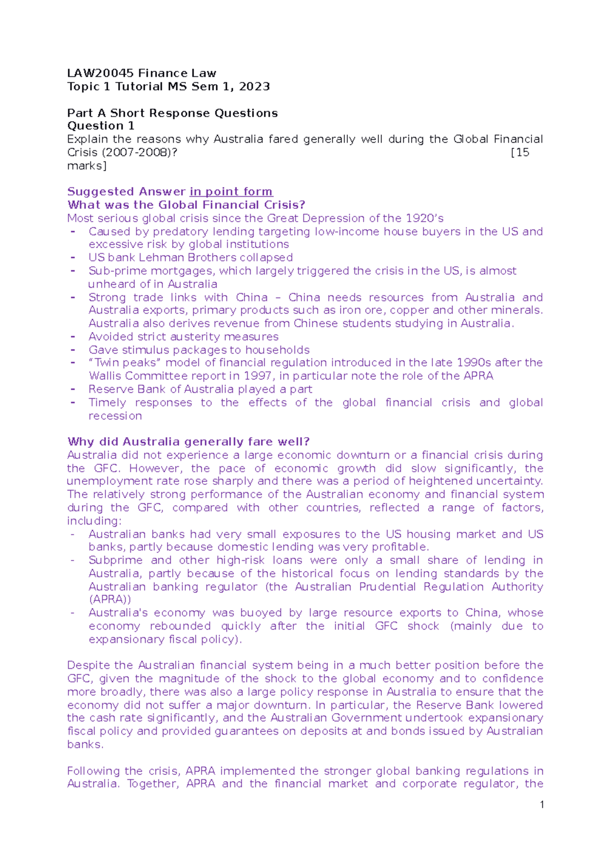 LAW20045 Topic 1 - LAW20045 Finance Law Topic 1 Tutorial MS Sem 1, 2023 ...