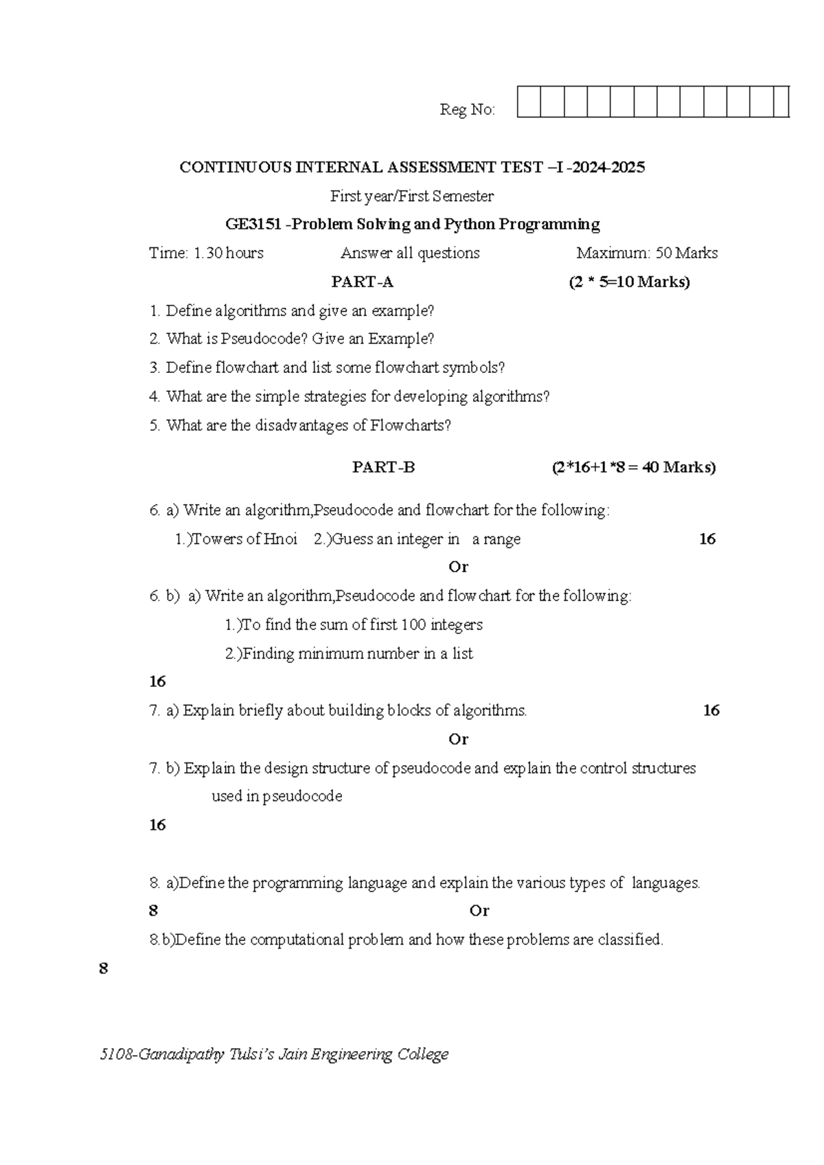GE3151 CIAT-1QP - notes - Reg No: CONTINUOUS INTERNAL ASSESSMENT TEST ...