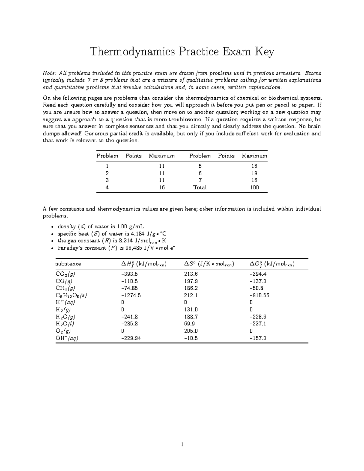 Practice Thermo Exam Key - Thermodynamics Practice Exam Key Note: All ...