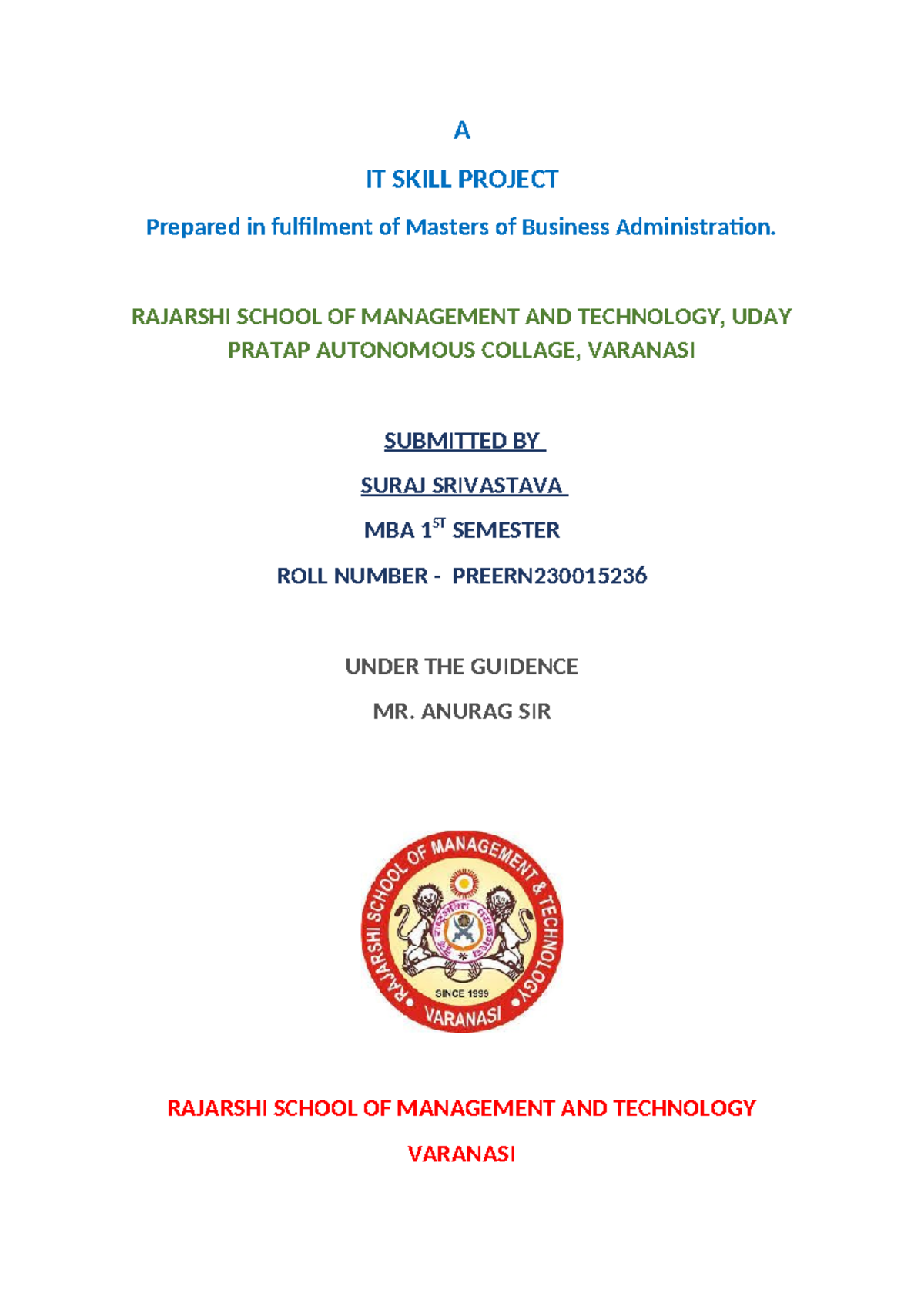 It project - Basic excel - A IT SKILL PROJECT Prepared in fulfilment of ...