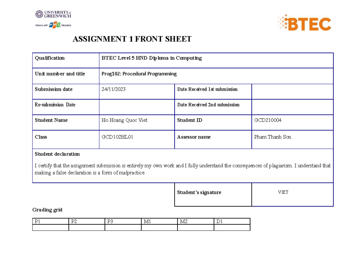 Pro102- ASM1 Ho Hoang Quoc Viet GCD210004 - ASSIGNMENT 1 FRONT SHEET Qualification BTEC Level 5 ...