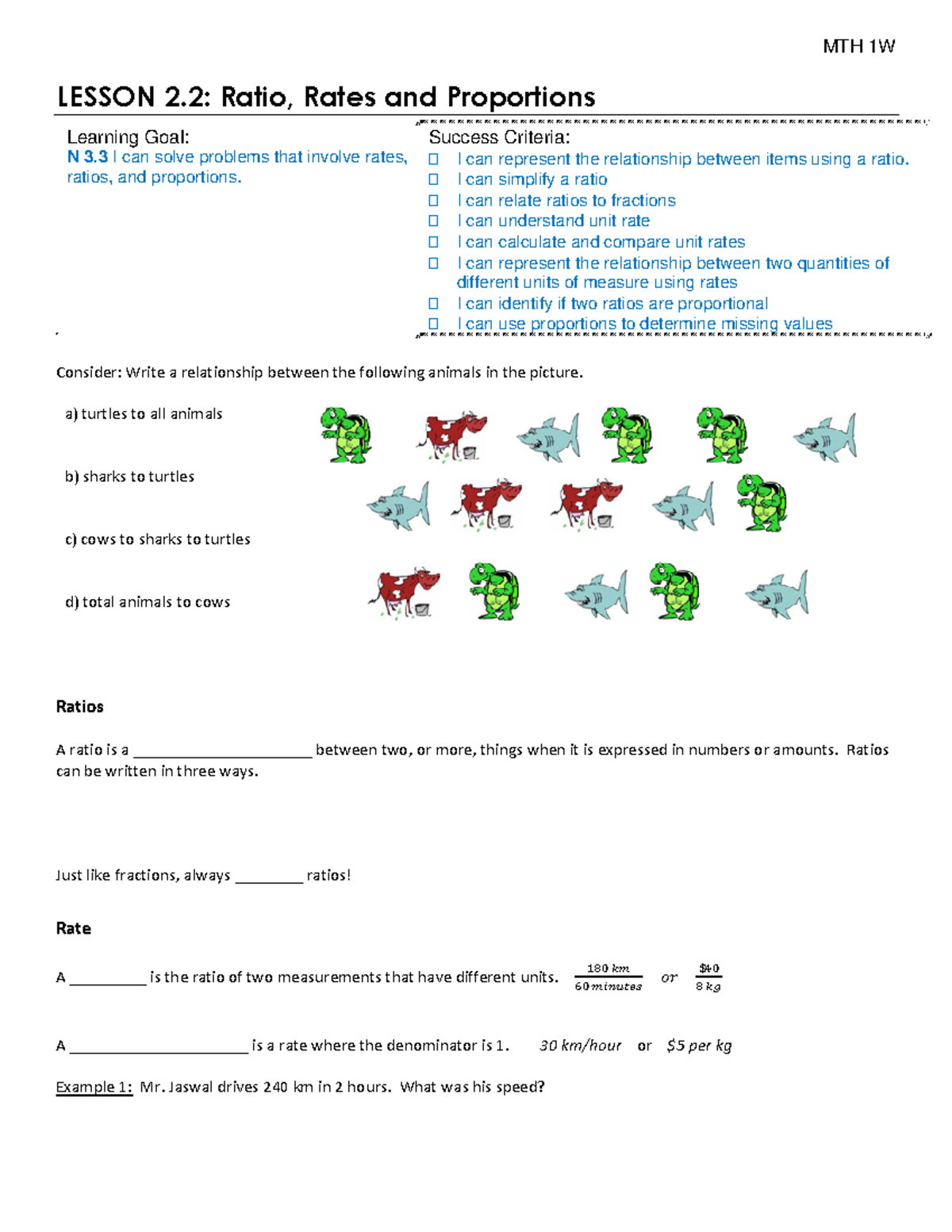 2.2 Ratios, Rates and Proportions - MTH 1W LESSON 2: Ratio, Rates and ...