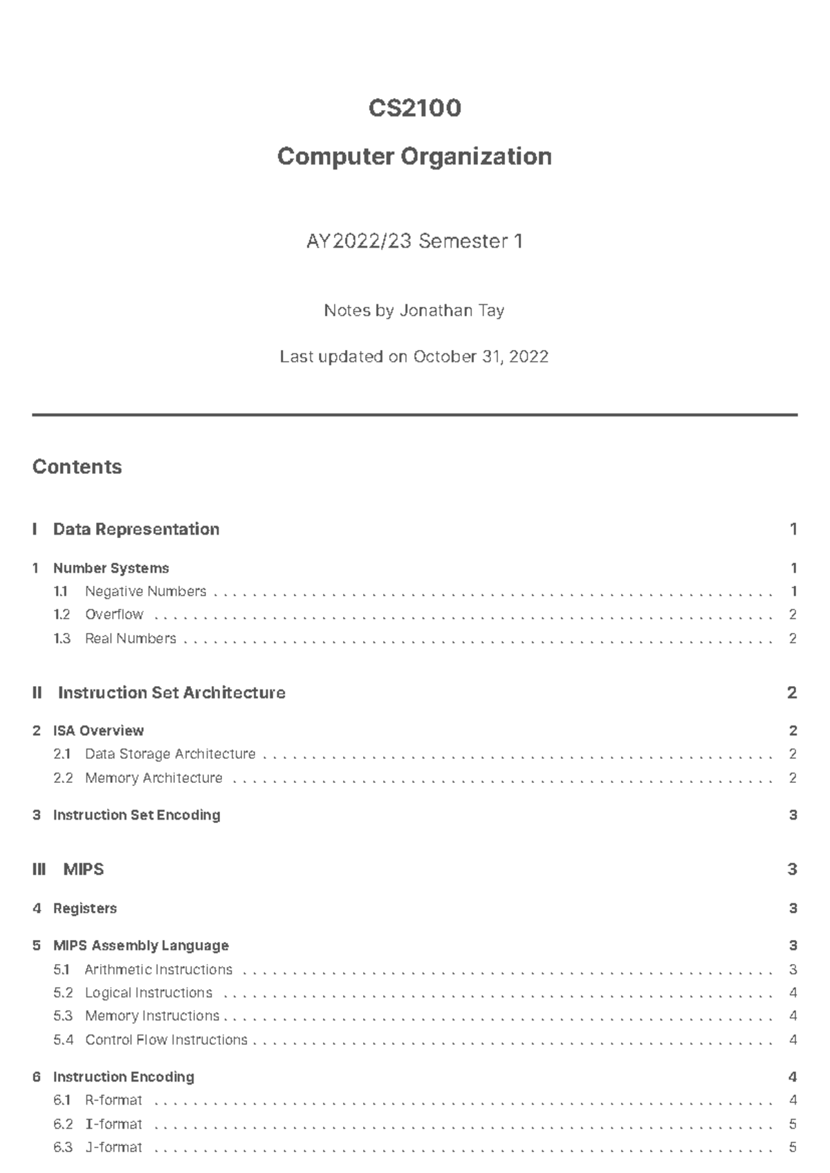 Cs2100 - Summary Computer Organisation - Computer Organization - CS - AY2022/23 Semester - Last ...