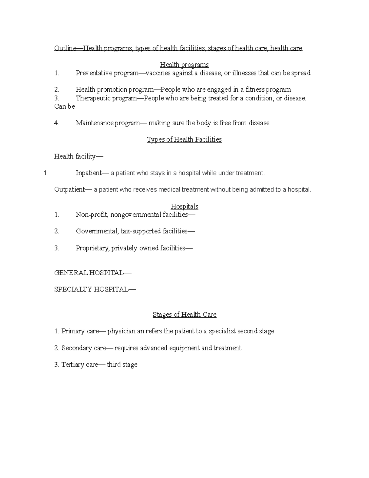 Outline Health programs stages of health care (Auto Recovered ...