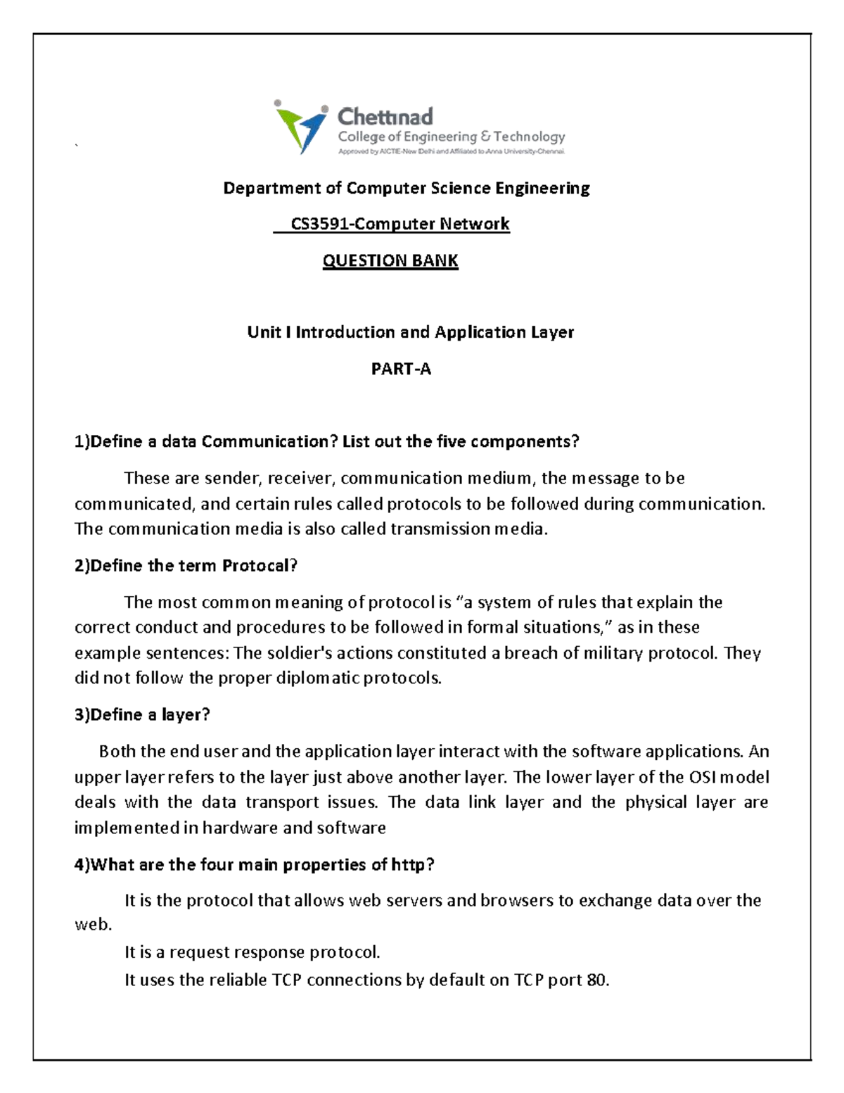 CN Study Material - ` Department of Computer Science Engineering CS3591 ... CN Study Material - ` Department of Computer Science Engineering CS3591 ...
