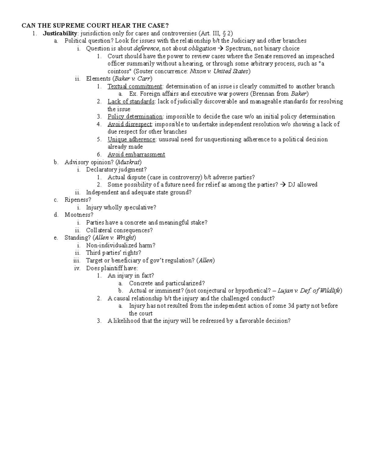 Constitutional Law I Attack Sheet - CAN THE SUPREME COURT HEAR THE CASE ...