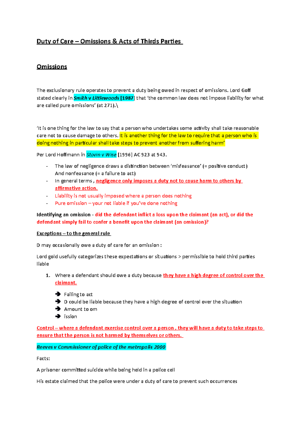 Omission & Acts of third parties notes - Duty of Care – Omissions ...