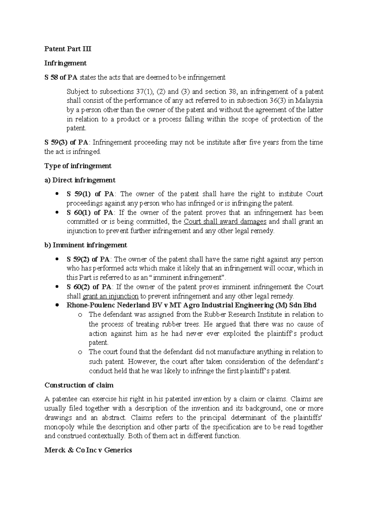 Patent Part III - notes - Patent Part III Infringement S 58 of PA ...