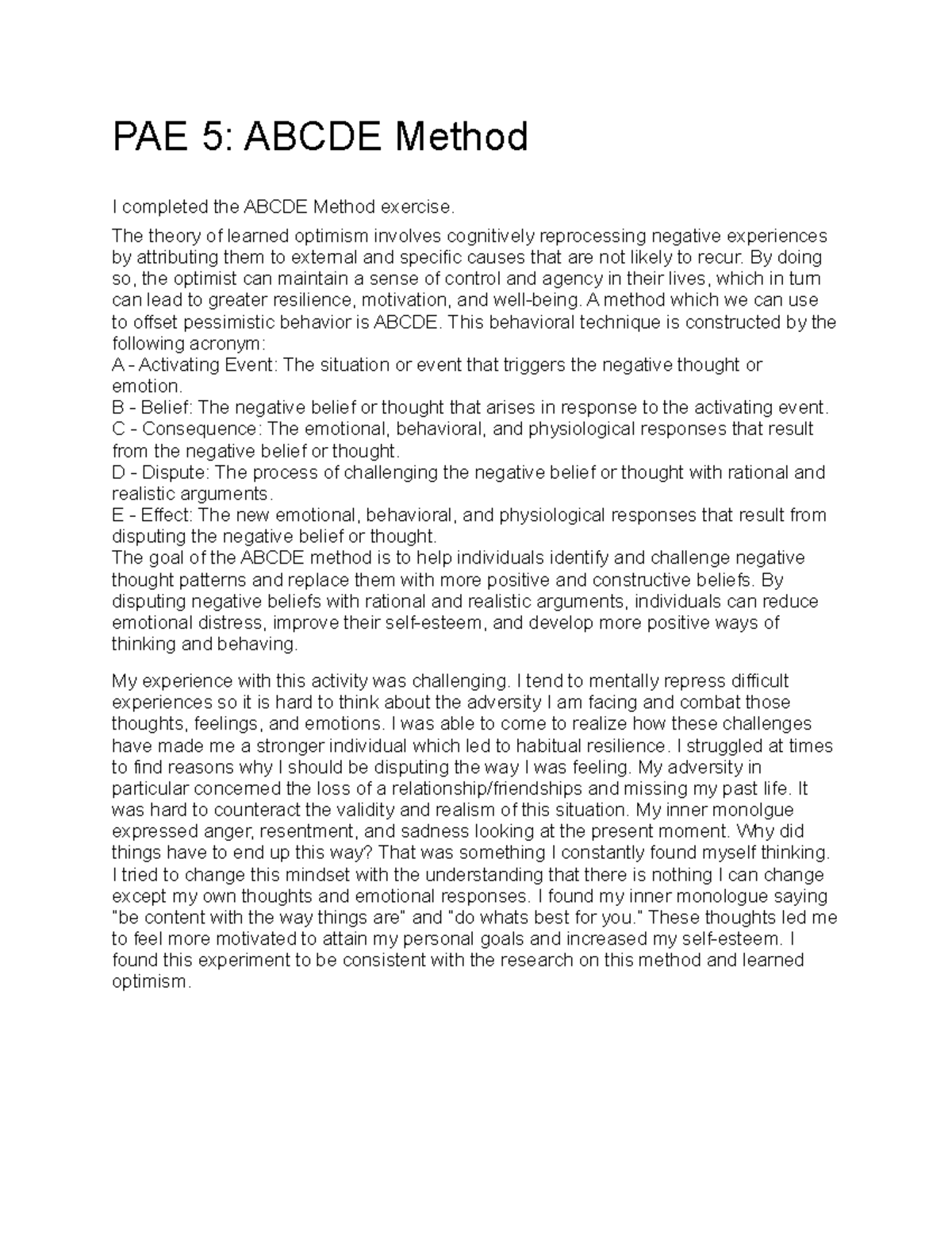 PAE 5 Abcde Method - asignment - PAE 5: ABCDE Method I completed the ...