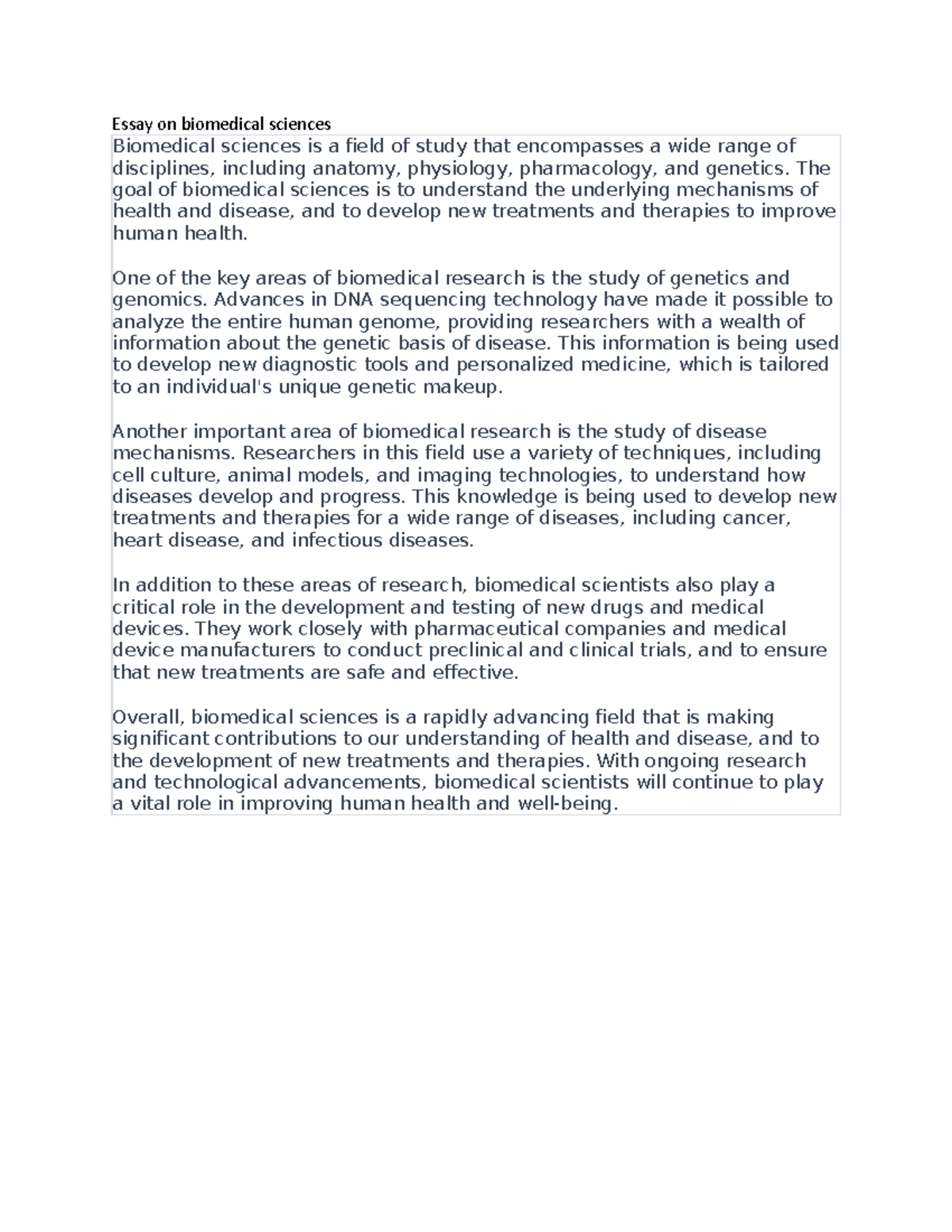 Essay on biomedical sciences - Essay on biomedical sciences Biomedical ...