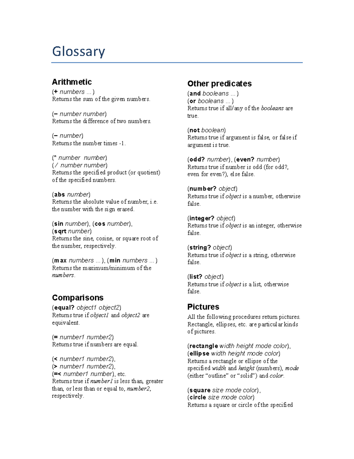 Exam1 Glossary - Fundamentals Of Computer Programming - Glossary Arithmetic (+ numbers ...