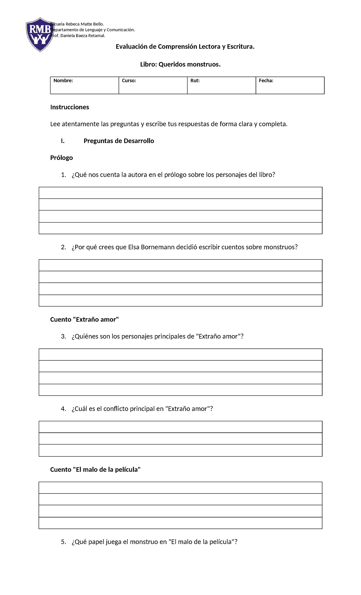 Evaluación de Comprensión Lectora y Escritura- Queridos monstruos ...
