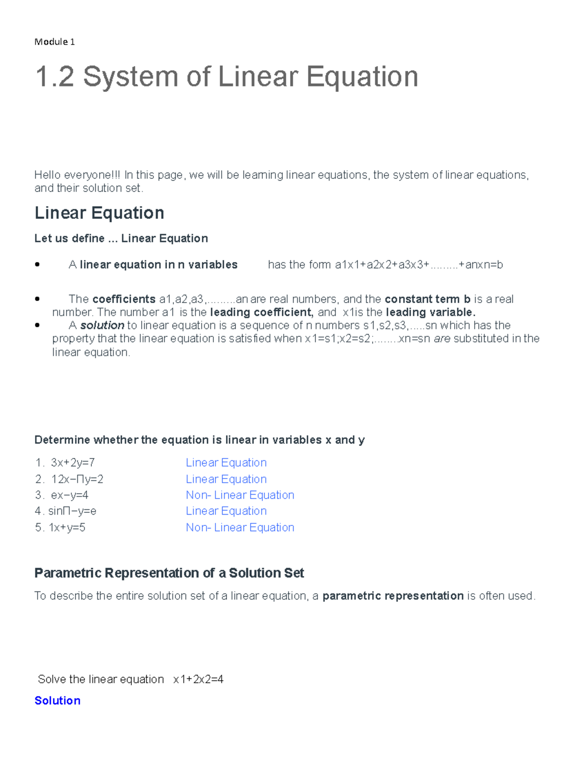 Module 1 2 math - Module 1 1 System of Linear Equation Hello everyone!!! In this page, we will ...