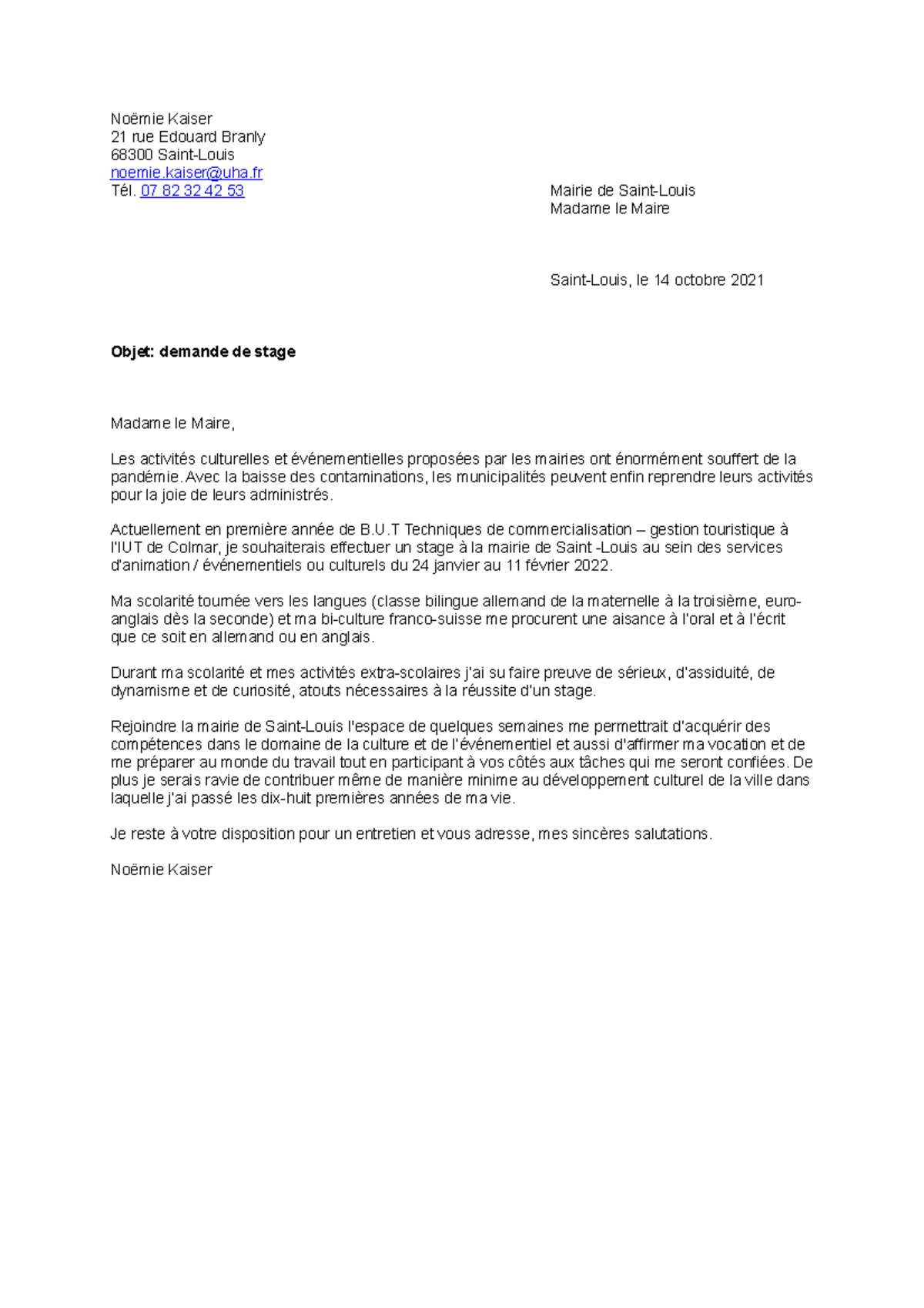 Demande de stage mairie Saint-Louis - Noëmie Kaiser 21 rue Edouard ...