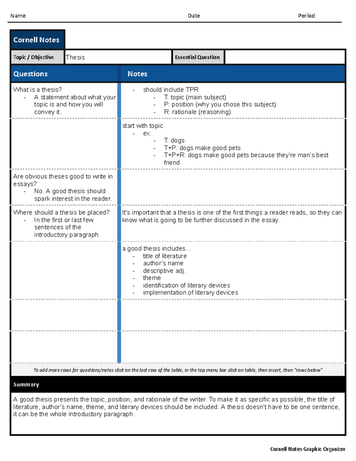 Thesis Cornell Notes - Cornell Notes Topic / Objective Thesis Essential ...