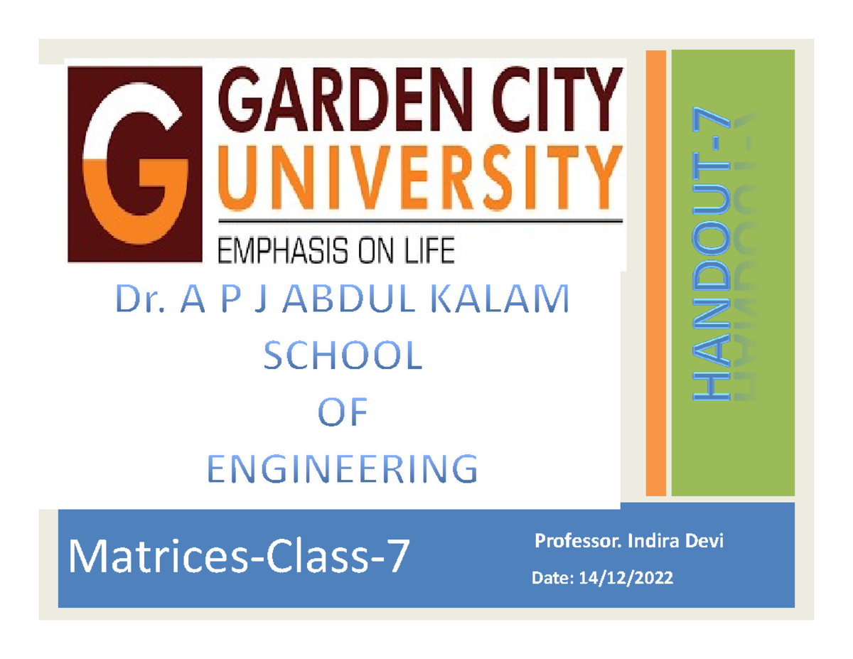 Mathematics handout 7 - lecture notes - Matrices-Class- Professor ...