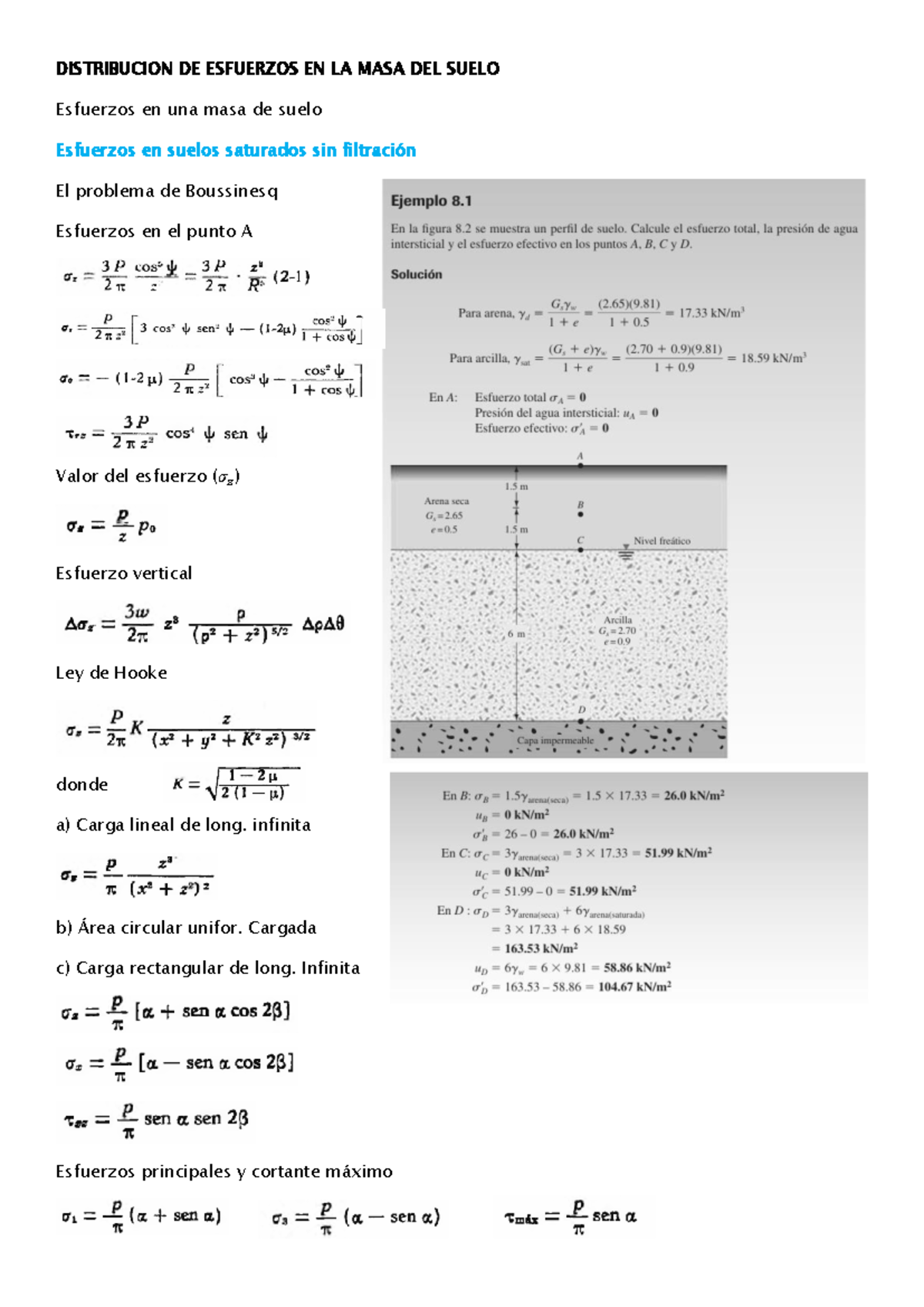 Formulario Mecanica DE Suelos - DISTRIBUCION DE ESFUERZOS EN LA MASA DEL SUELO Esfuerzos en una ...