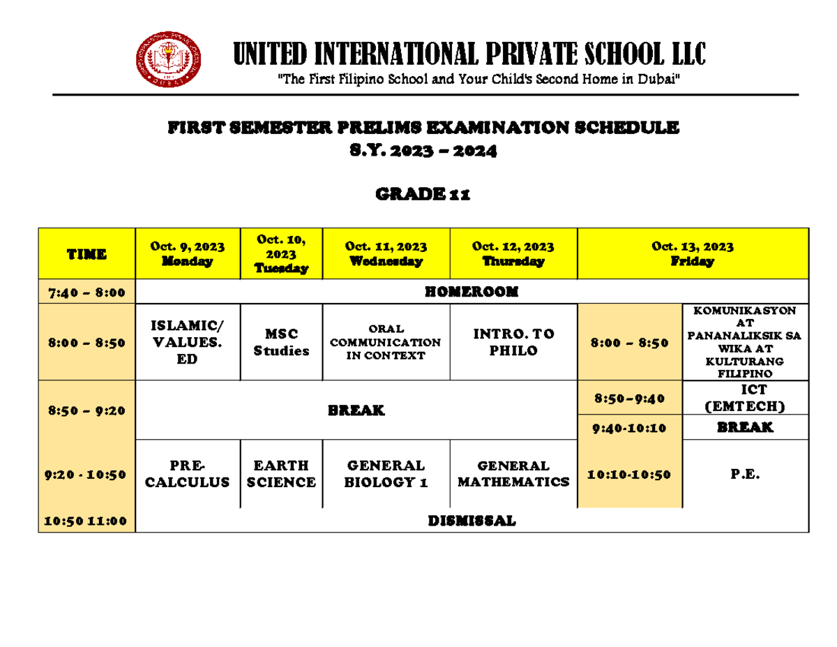 Senior HIGH School Schedule OF First Quarterly Examination - Copy ...