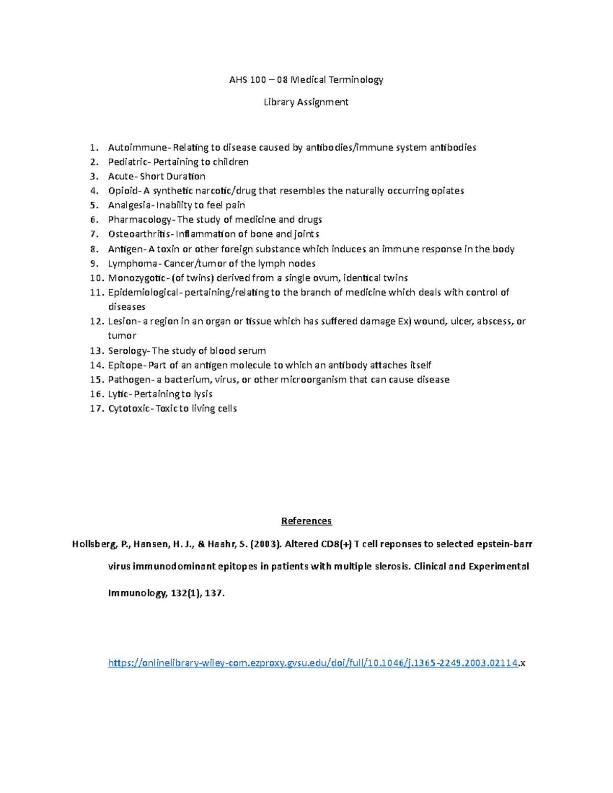 AHS 100 Library Assignment - AHS 100 – 08 Medical Terminology Library ...
