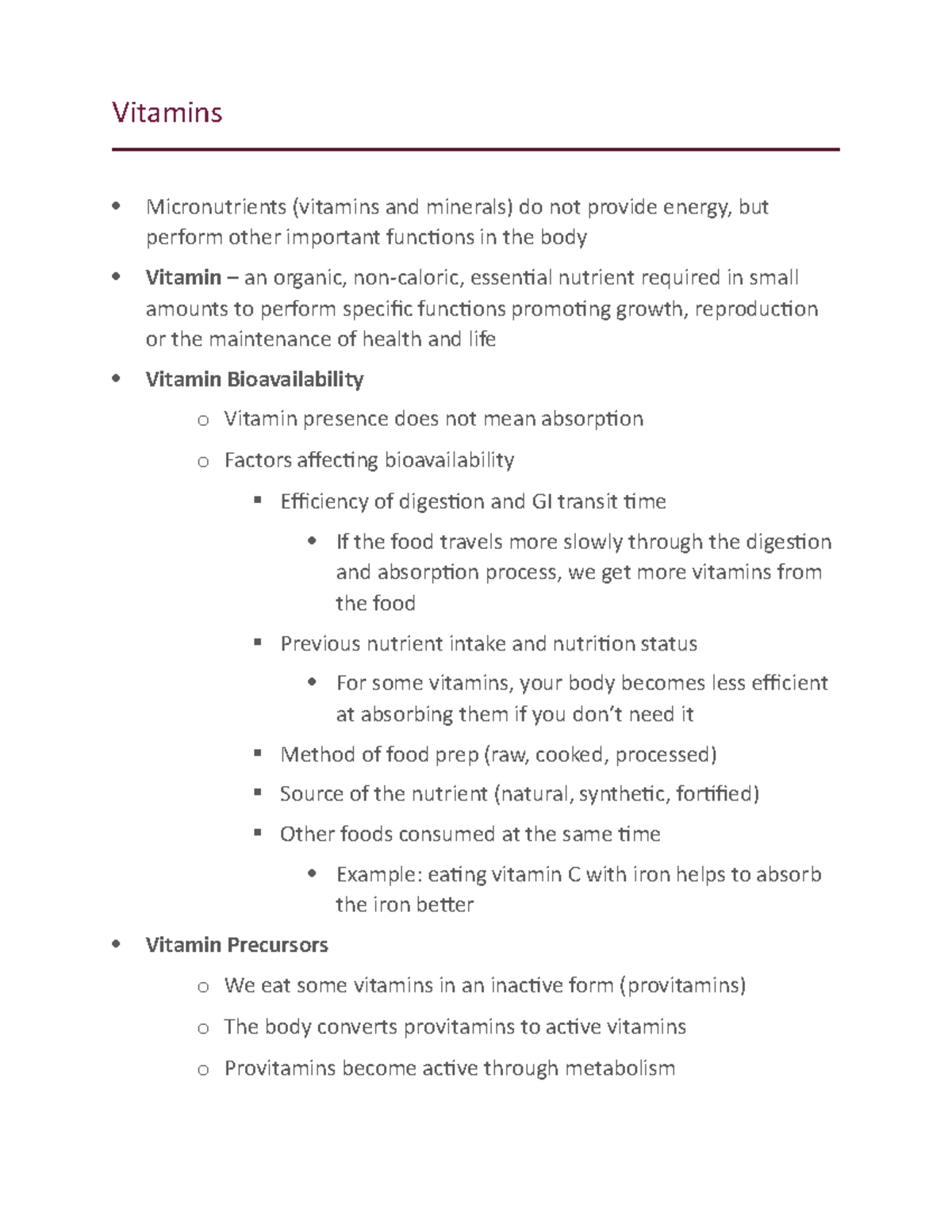 Vitamins - Profesor Toner Notes for exam 2 - Vitamins Micronutrients ...