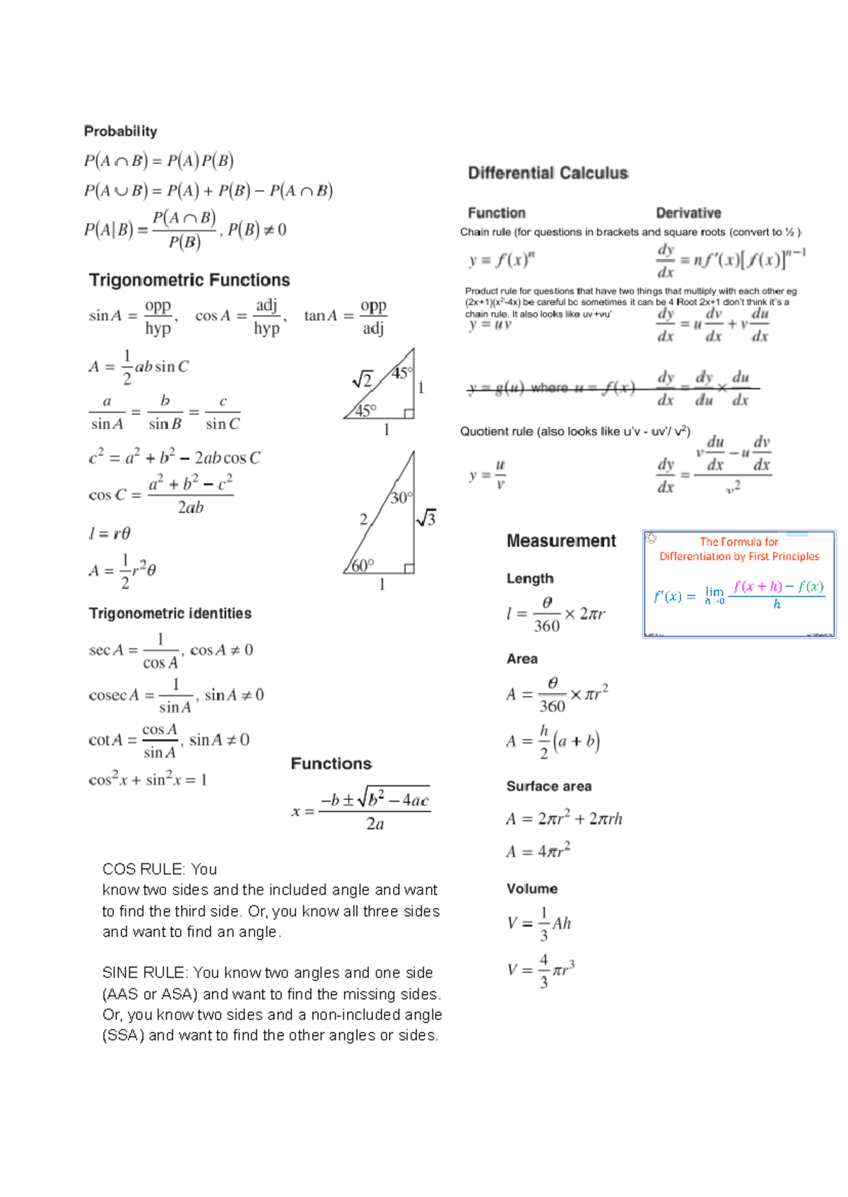 Prelim Math Adv Exam formula sheet/ other notes - COS RULE: You know ...
