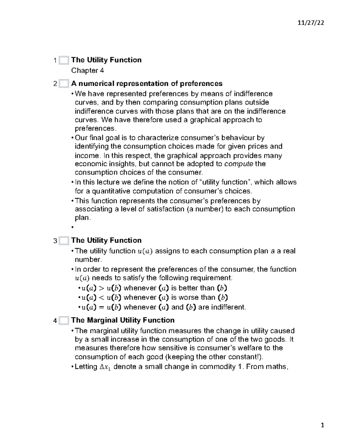 Micro midterm 2 - notes - 11/27/ 1 The Utility Function Chapter 4 A ...