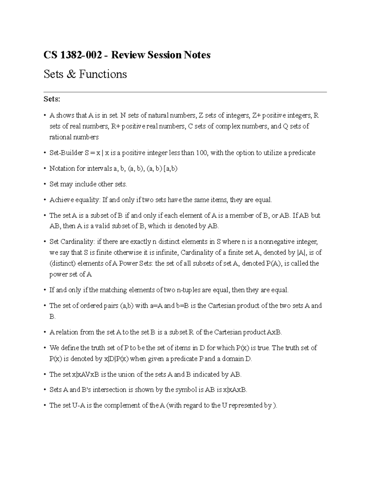 CS 1382 Review Notes - Sets & Functions - CS 1382-002 - Review Session ...