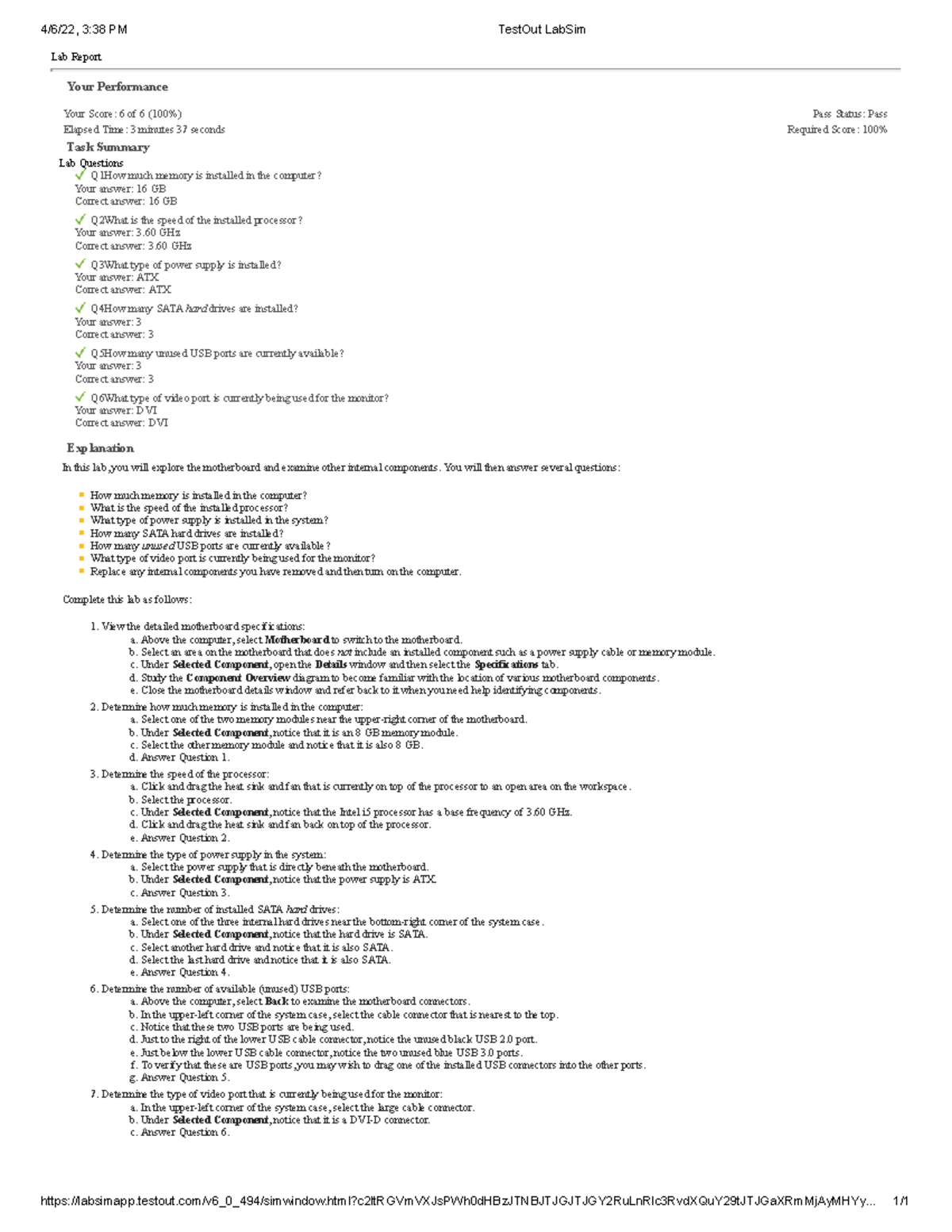 Explore the Motherboard Lab - Test Out Lab Sim Results - 4/6/22, 3:38 ...