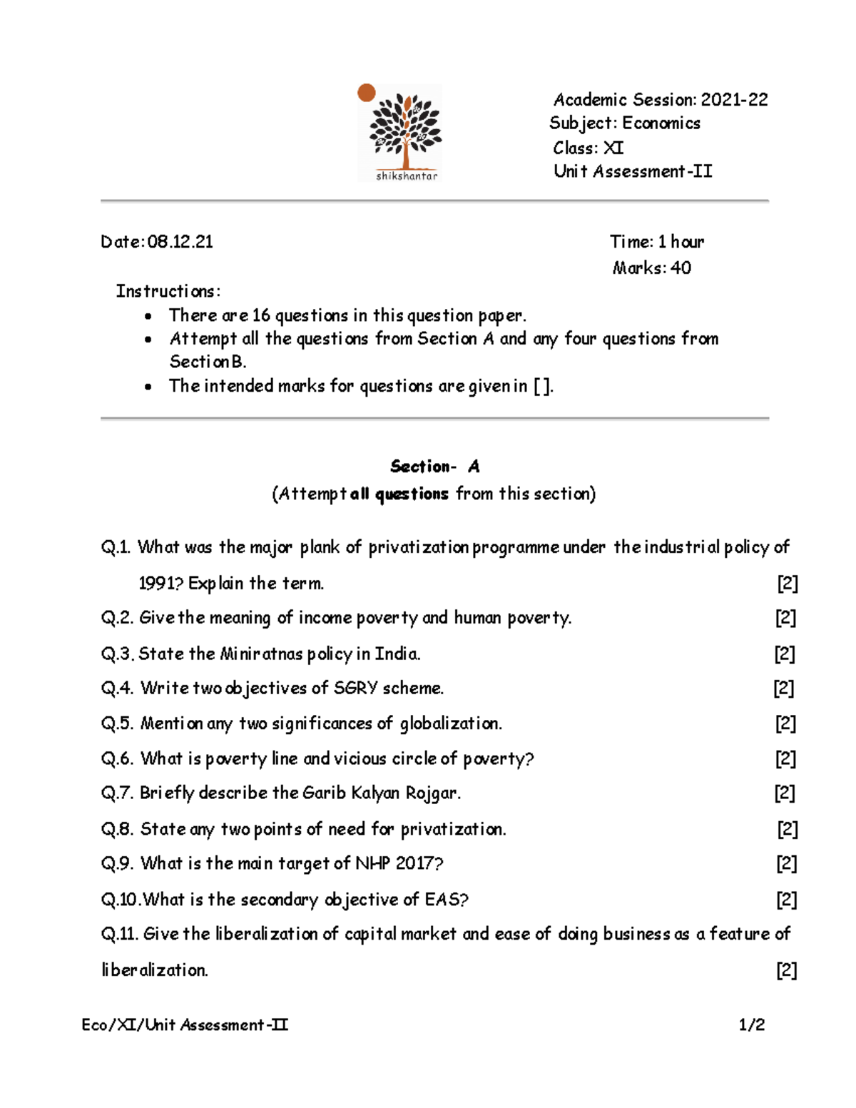 Eco XI Unit Assessment-II - Eco/XI/Unit Assessment-II 1/ Academic ...