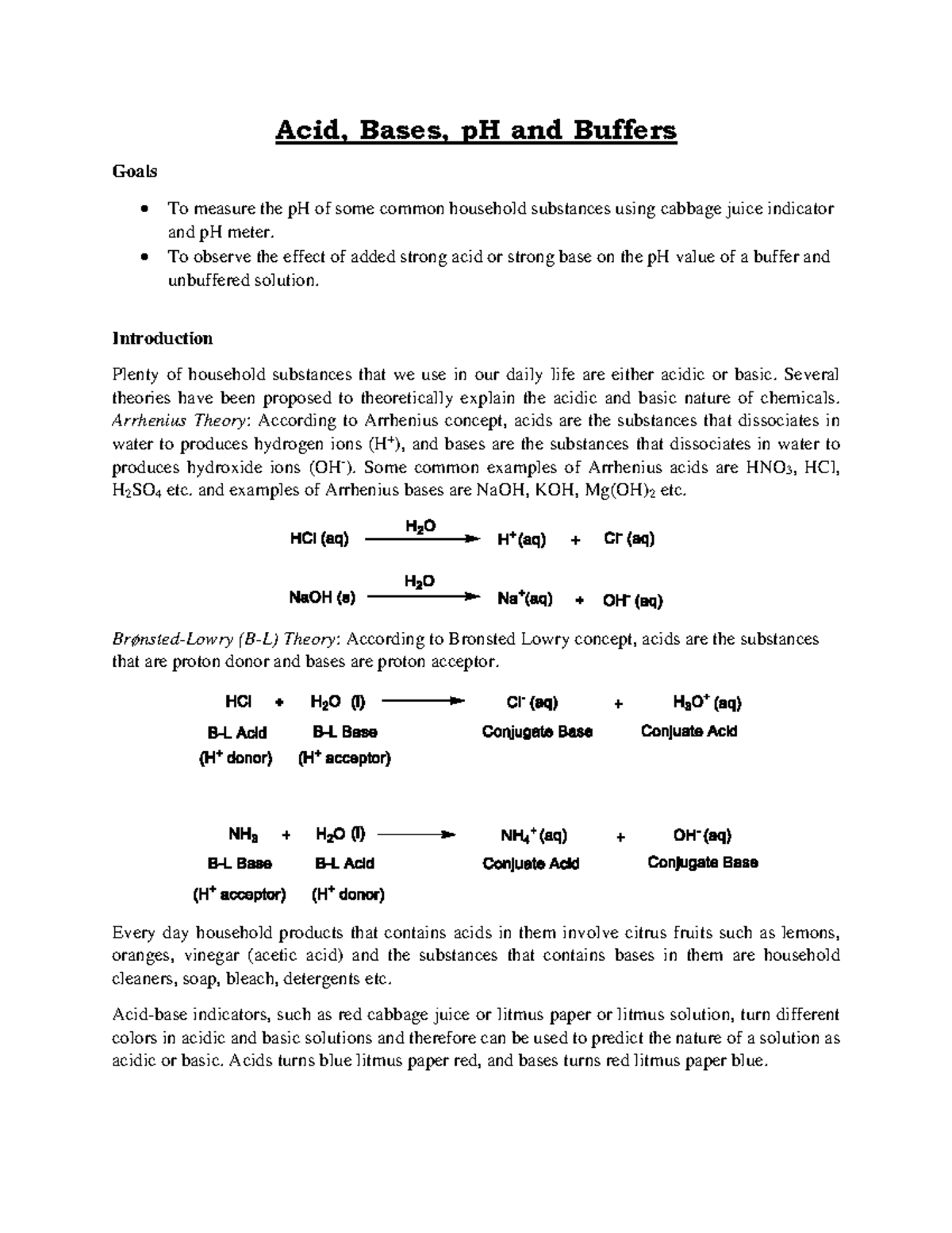 Expt 7 - Acids, bases, p H and buffer - Acid, Bases, pH and Buffers ...