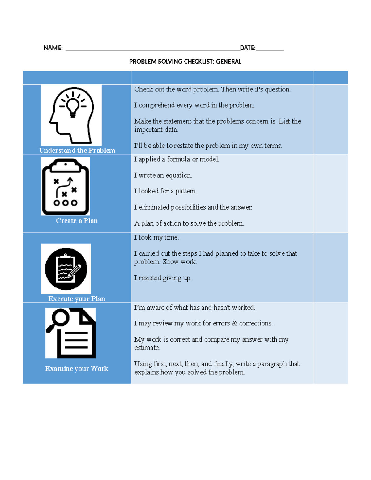Document - Nothing - NAME: DATE: PROBLEM SOLVING CHECKLIST: GENERAL ...
