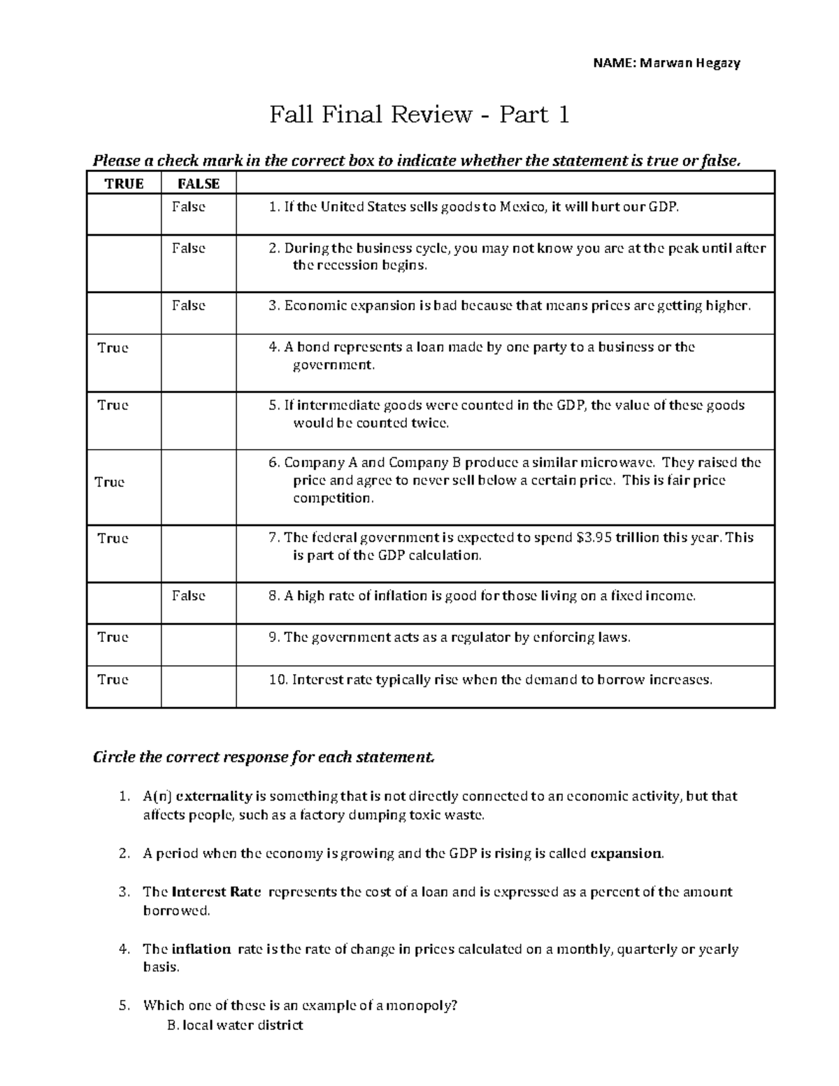 Fall Final Review Part 1e Name Marwan Hegazy Fall Final Review