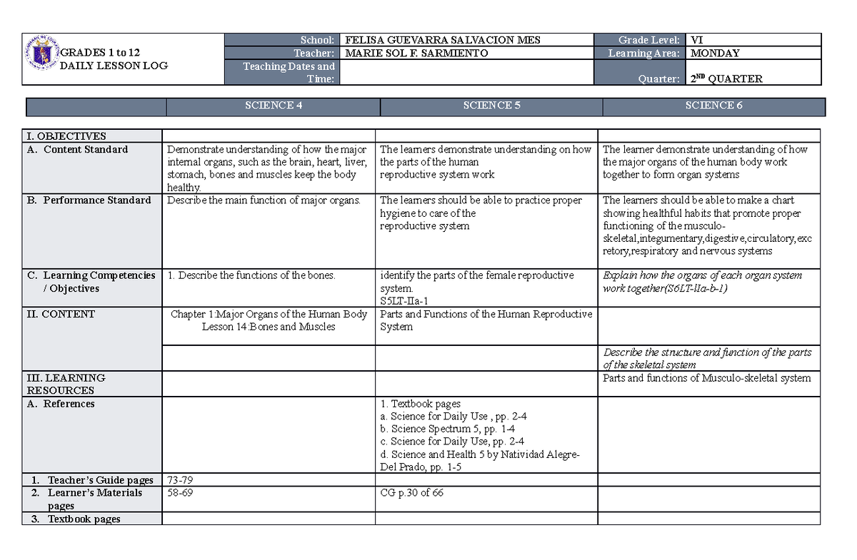 Daily Lesson LOG NEW Format Scince - GRADES 1 to 12 DAILY LESSON LOG ...