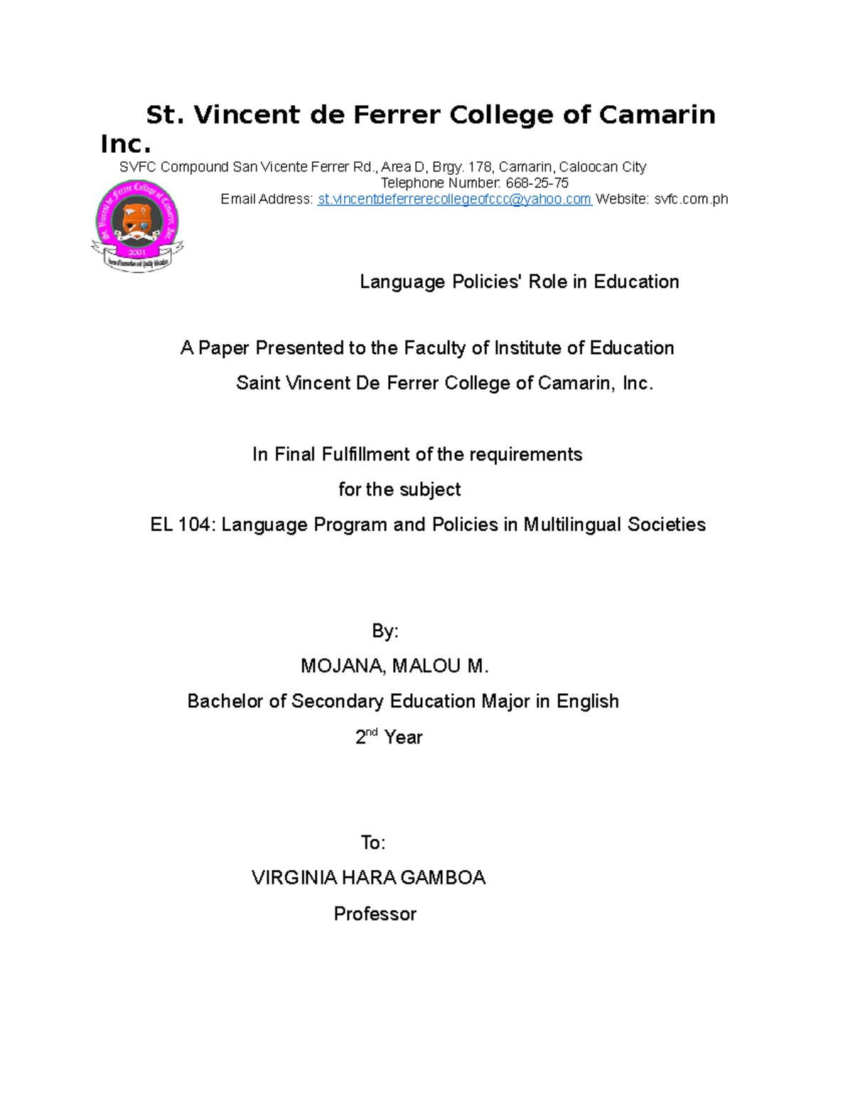 Mojana, Malou M. Final Paper 1 - St. Vincent de Ferrer College of ...