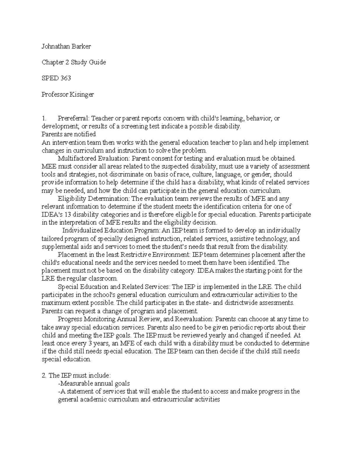 Chapter 2 Study Guide - Johnathan Barker Chapter 2 Study Guide SPED 363 ...