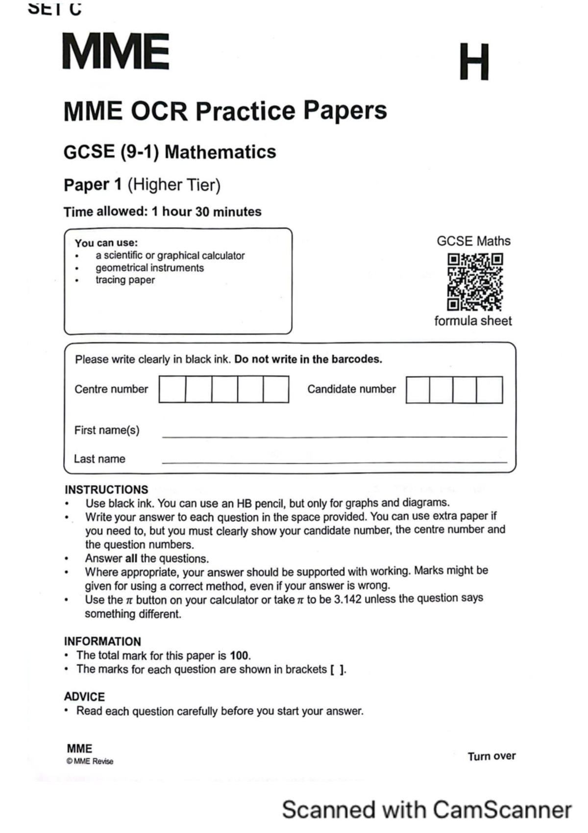 Math OCR, Set C , p1, p2&p3 - SET C MME H MME OCR Practice Papers GCSE ...