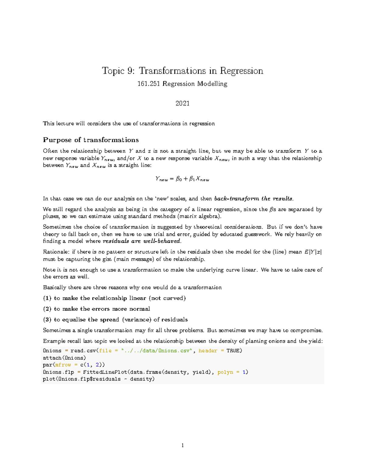 Topic 9 Lecture Notes Topic 9 Transformations In Regression 161 Regression Modelling 2021