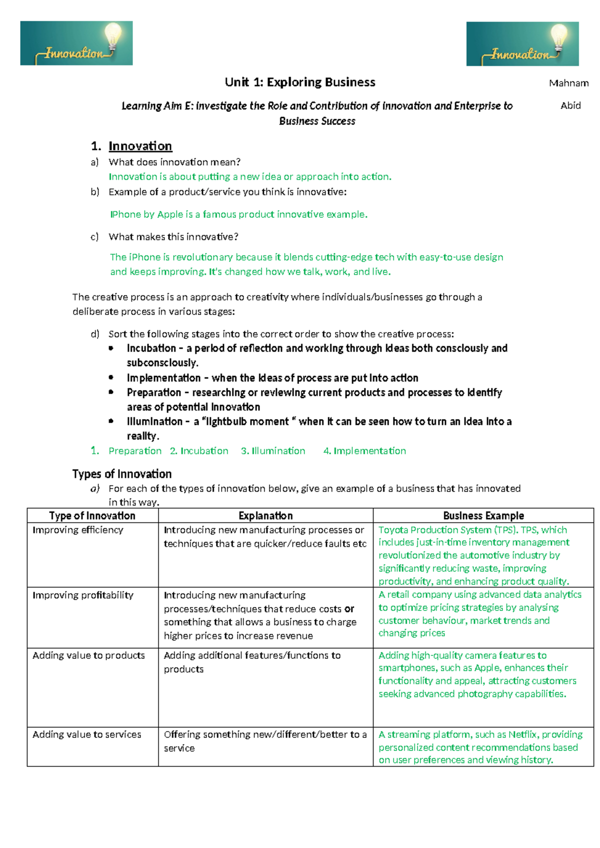 E1 E2 Innovation Enterprise A level - Unit 1: Exploring Business ...