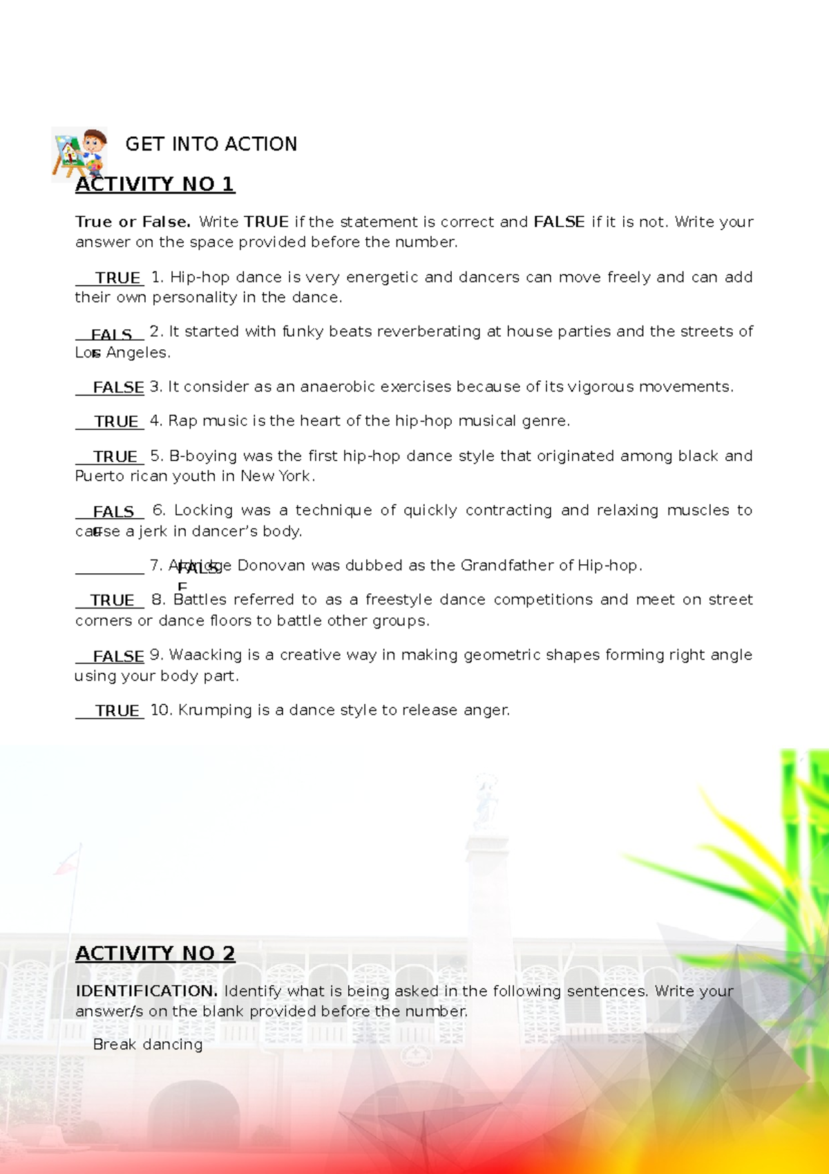 physical education - GET INTO ACTION ACTIVITY NO 1 True or False. Write ...