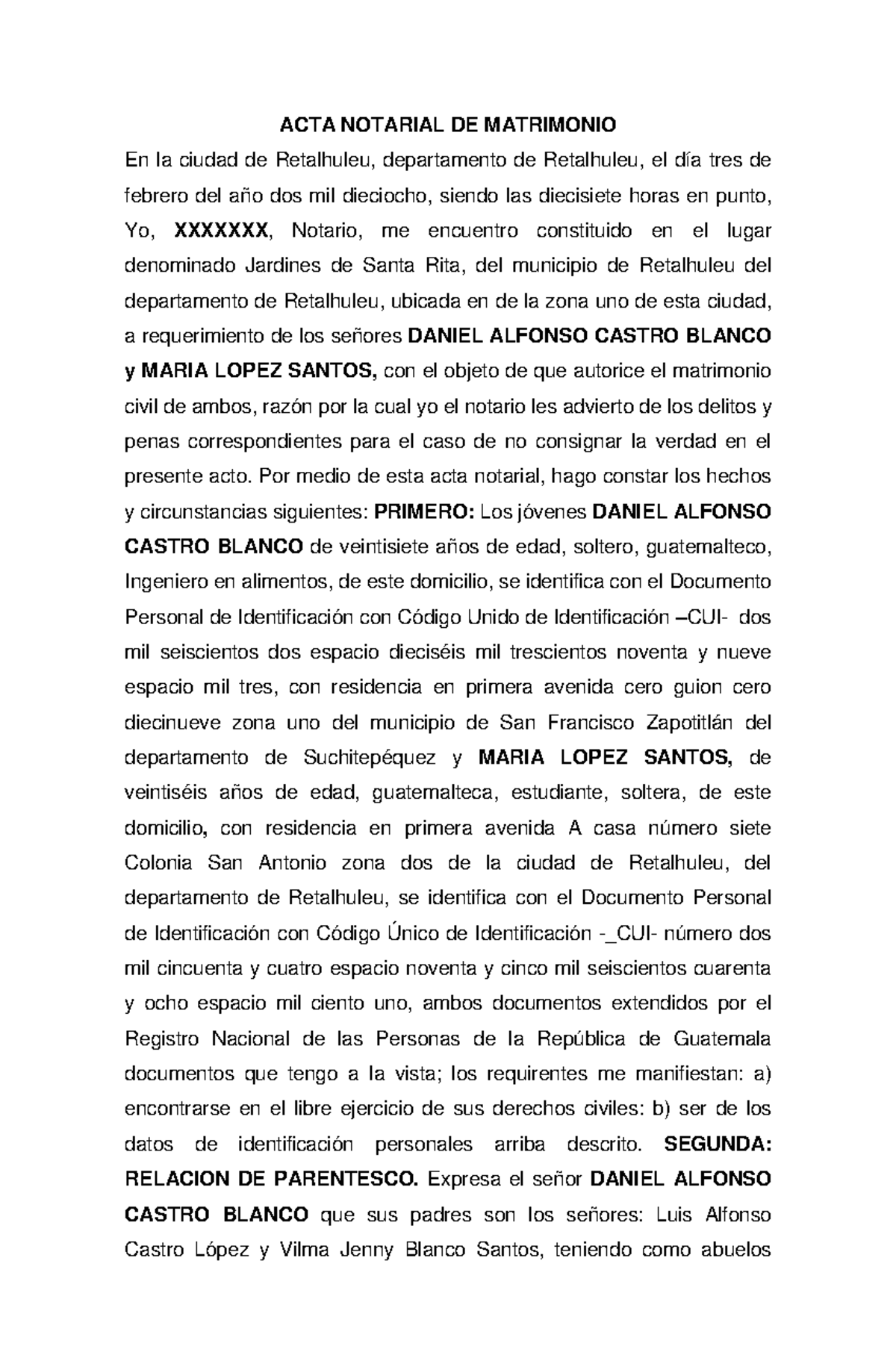 ACTA Notarial DE Matrimonio - ACTA NOTARIAL DE MATRIMONIO En la ciudad de Retalhuleu ...