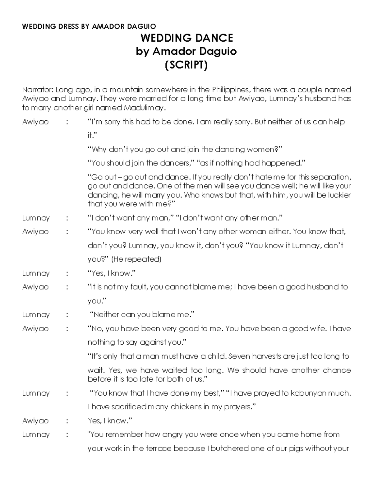 Wedding Dance Script - WEDDING DANCE by Amador Daguio (SCRIPT) Narrator ...