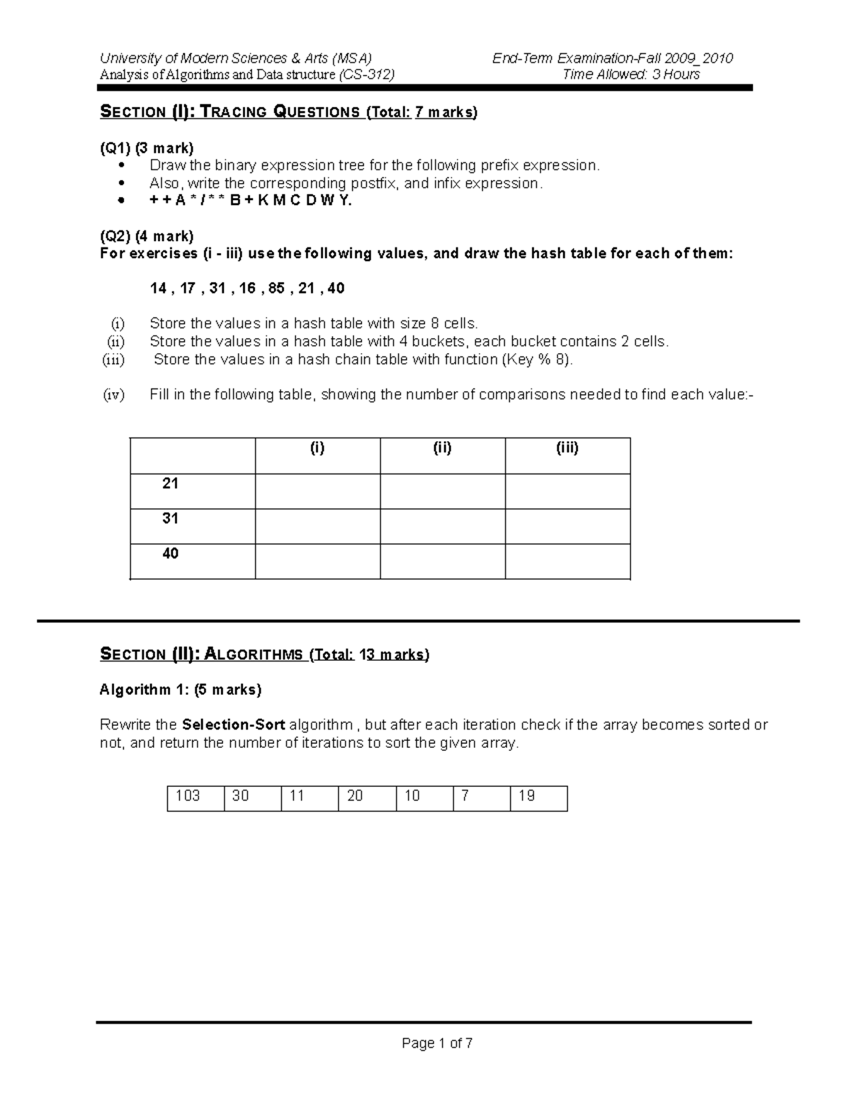 11 Examinations Data Structure Finale Exams Analysis Of Algorithms And Data Structure Cs