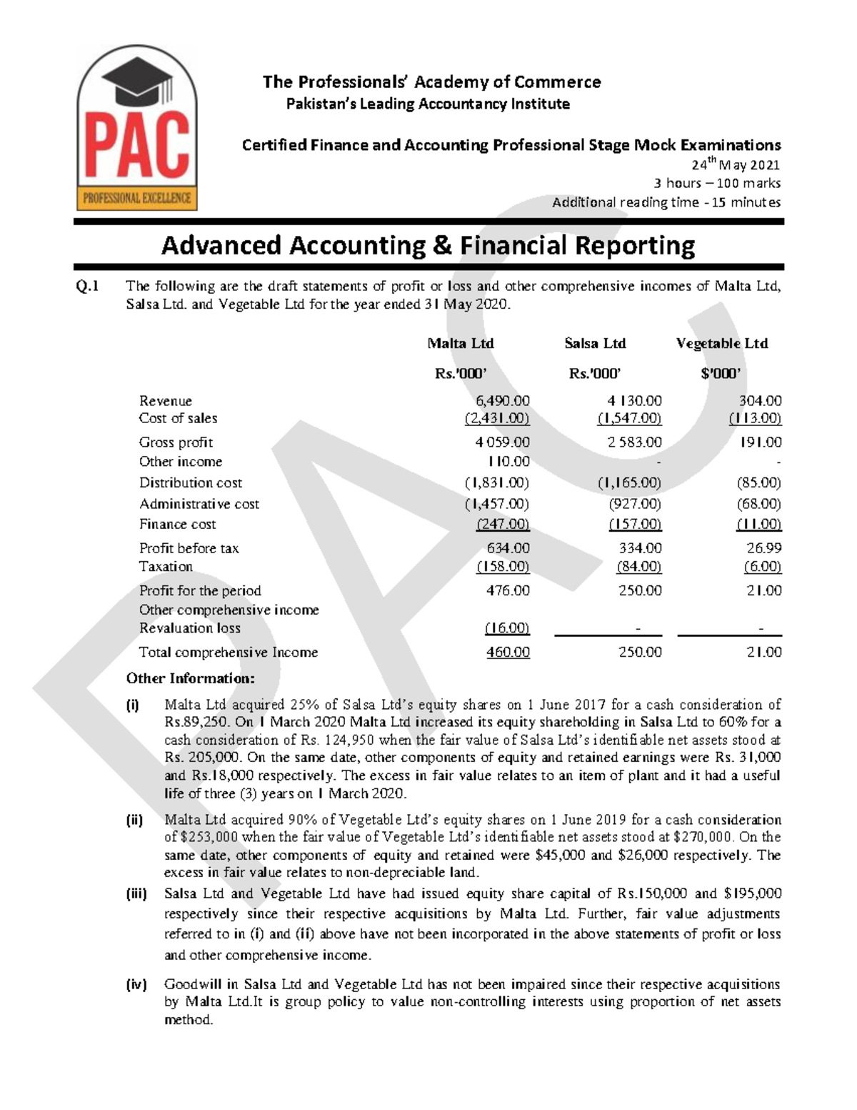 PAC ALL CFAP Mocks QP WITH Solution ( Summer 2021) Compiled BY Saboor ...