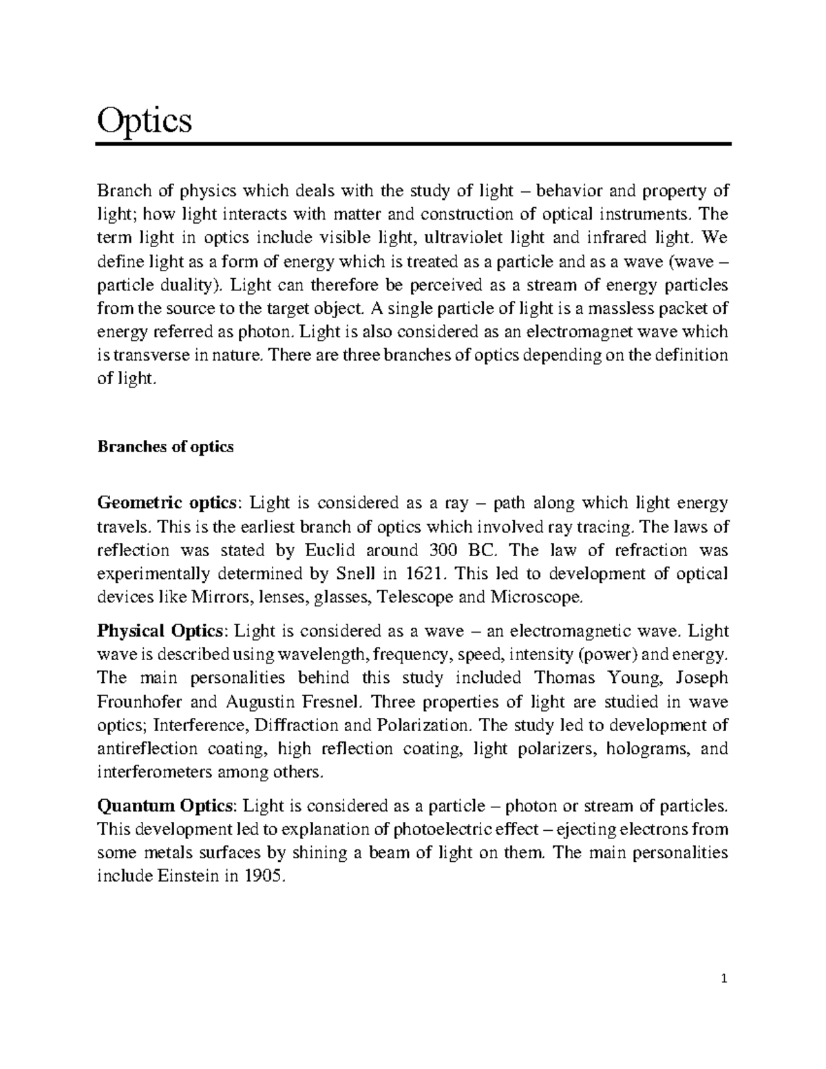 Optics lecturer Notes - Optics Branch of physics which deals with the ...