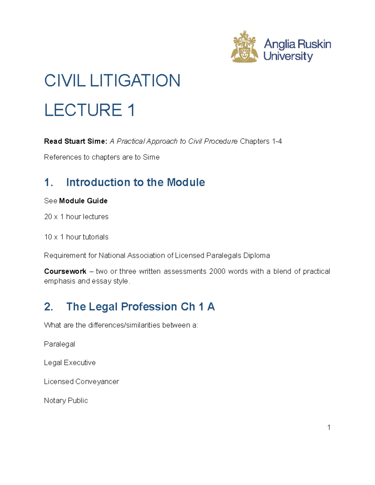 Lecture 1 - intro to civil procedure-1 - Tagged - CIVIL LITIGATION ...